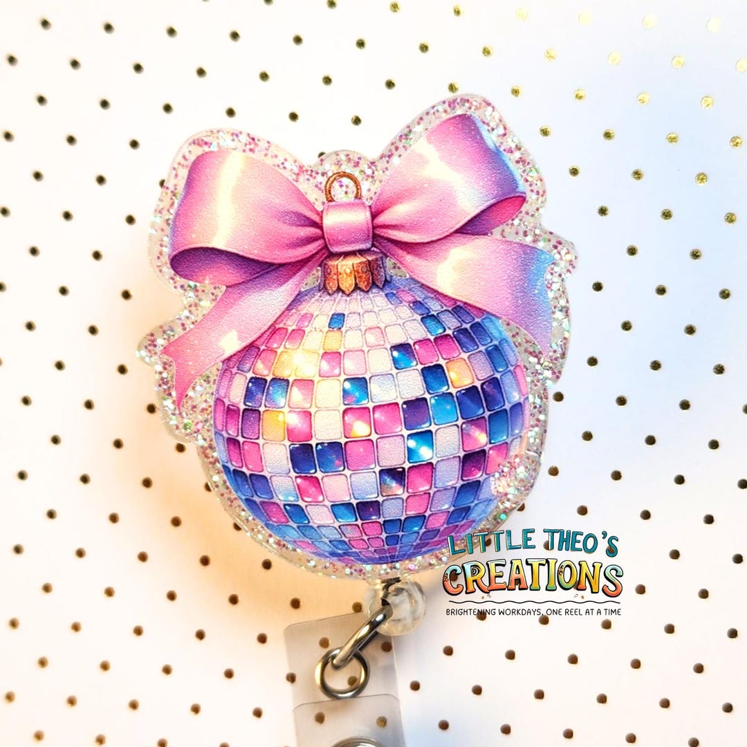 Disco Ball Badge Reel, Interchangeable Pink Bow Glitter ID Holder - Etsy