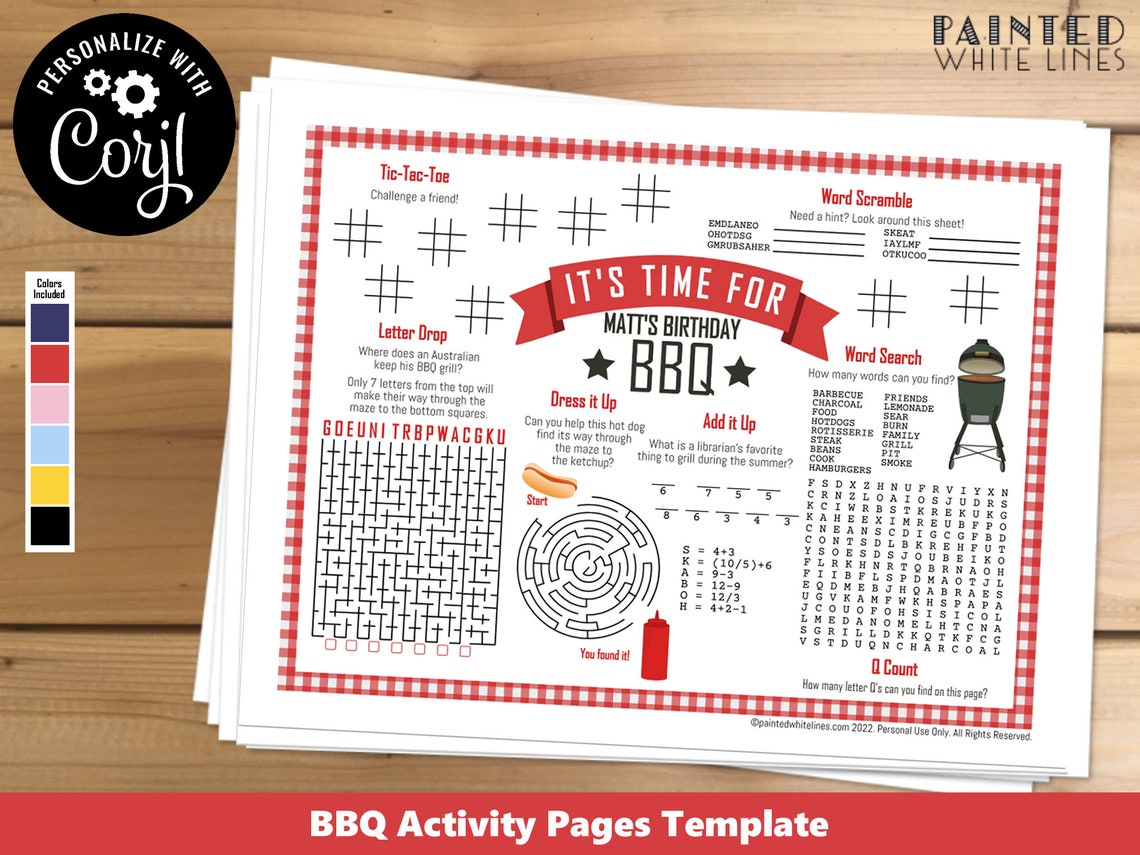 BBQ Party Activity Sheet Printable Editable Template Kids - Etsy