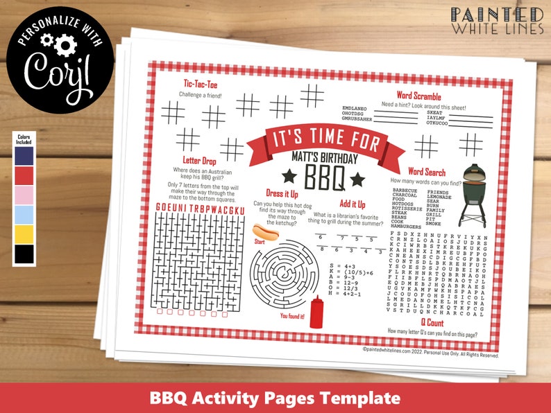 BBQ Party Activity Sheet Printable Editable Template Kids - Etsy