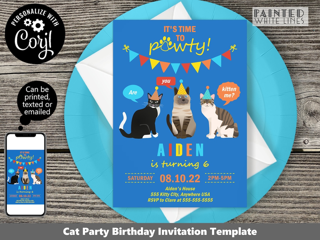 Boys Cat Birthday Party Invitation Template Download Cat Birthday ...