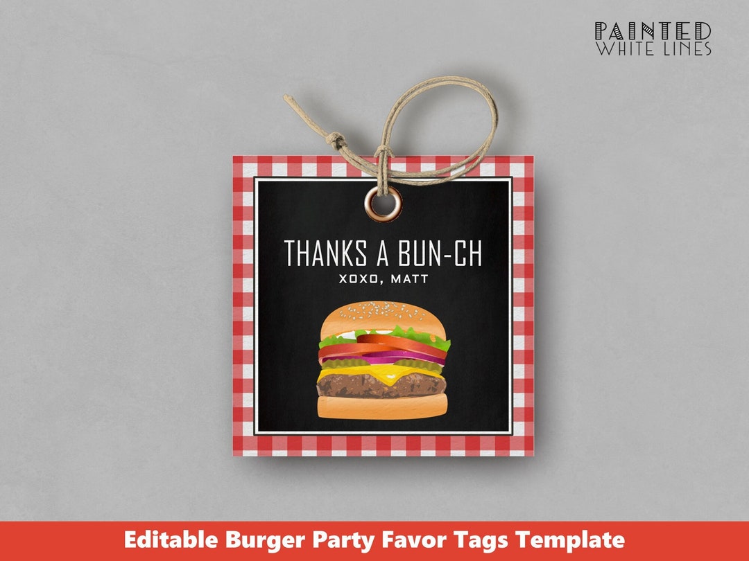 Burger Party Favor Tag Template Printable Editable Digital Instant ...