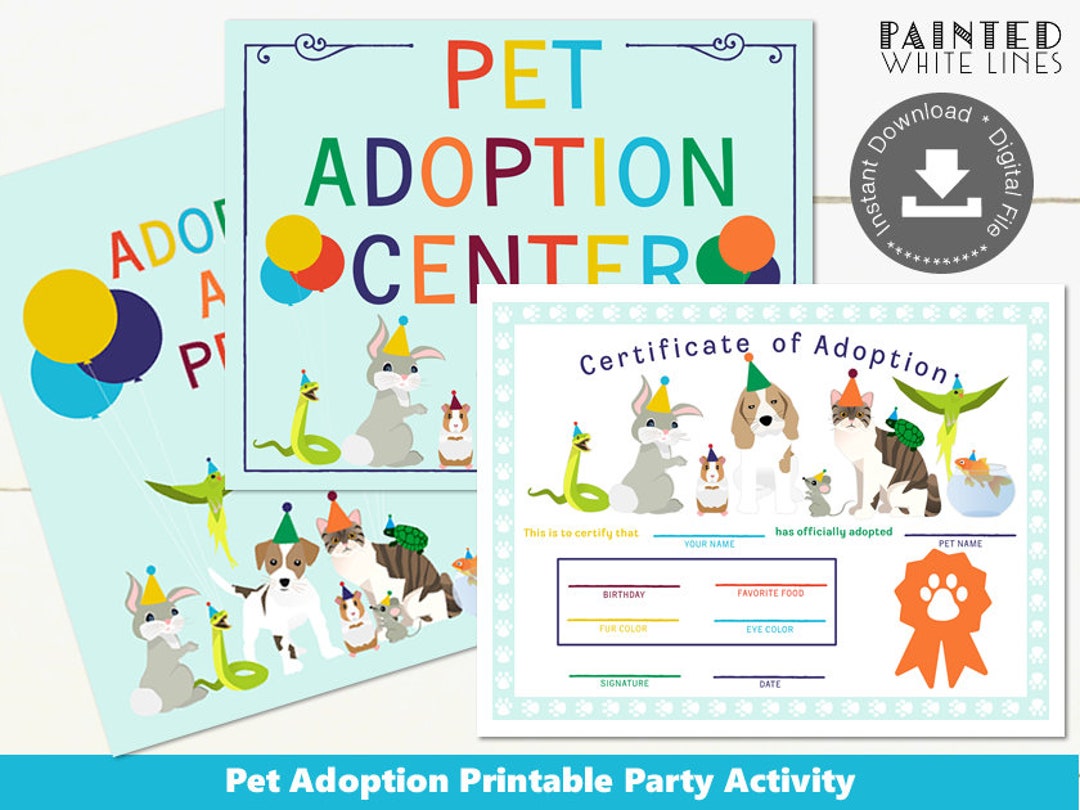 Pet Adoption Certificate Pet Adoption Party Printable Girls Boys ...