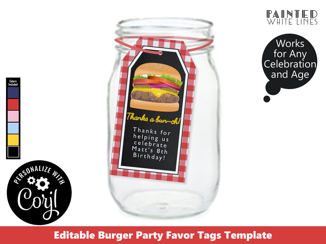 Burger Party Favor Tag Template Printable Editable Digital Instant ...