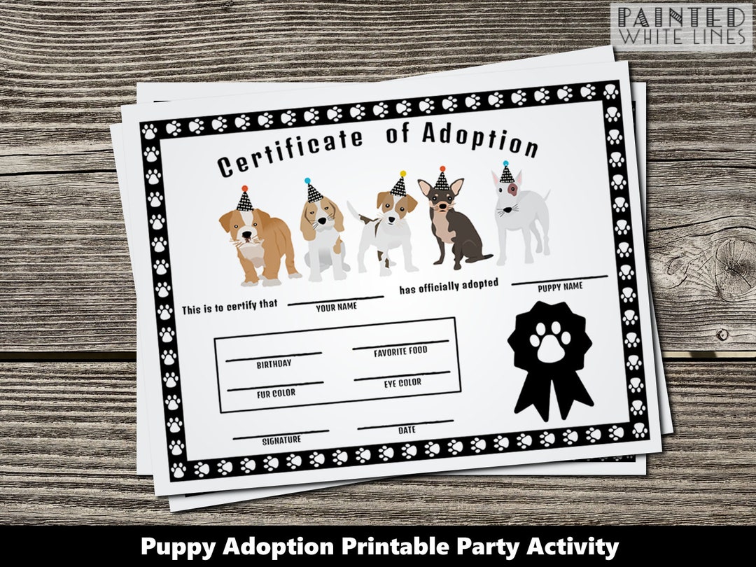 Dog Adoption Certificate Printable Kids Party Favor Puppy Party Kids ...