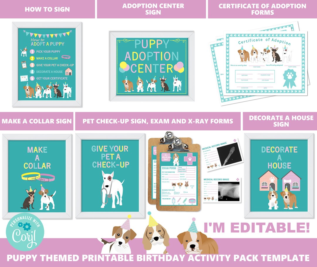EDITABLE Adopt a Puppy Party Activities Puppy Adoption Station Package ...