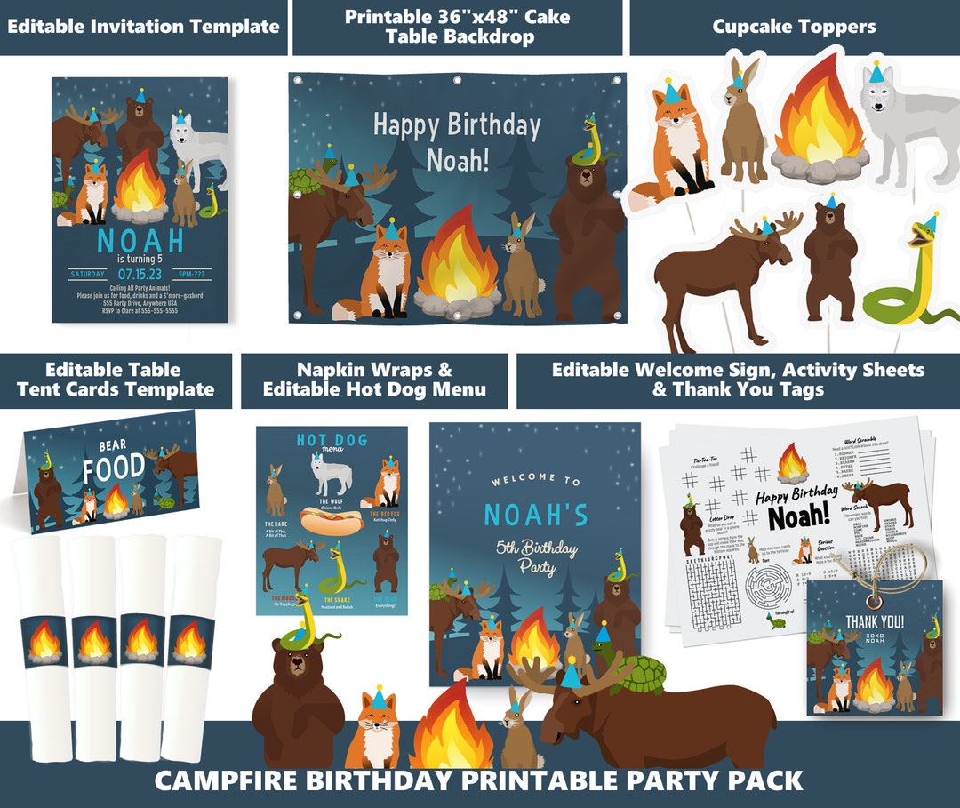 Kids Bonfire Birthday Party Printables Package S'mores Party Campfire ...
