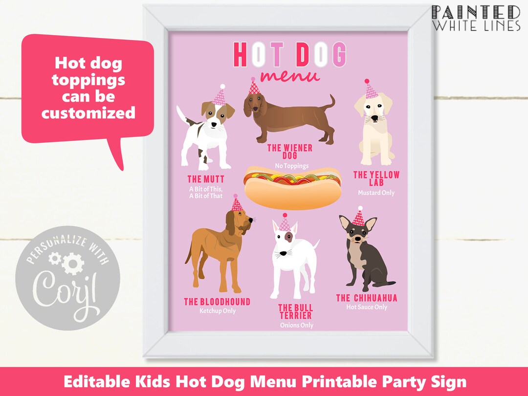 Hot Dog Bar Menu Sign Pink Puppy Party Printable Editable Template ...