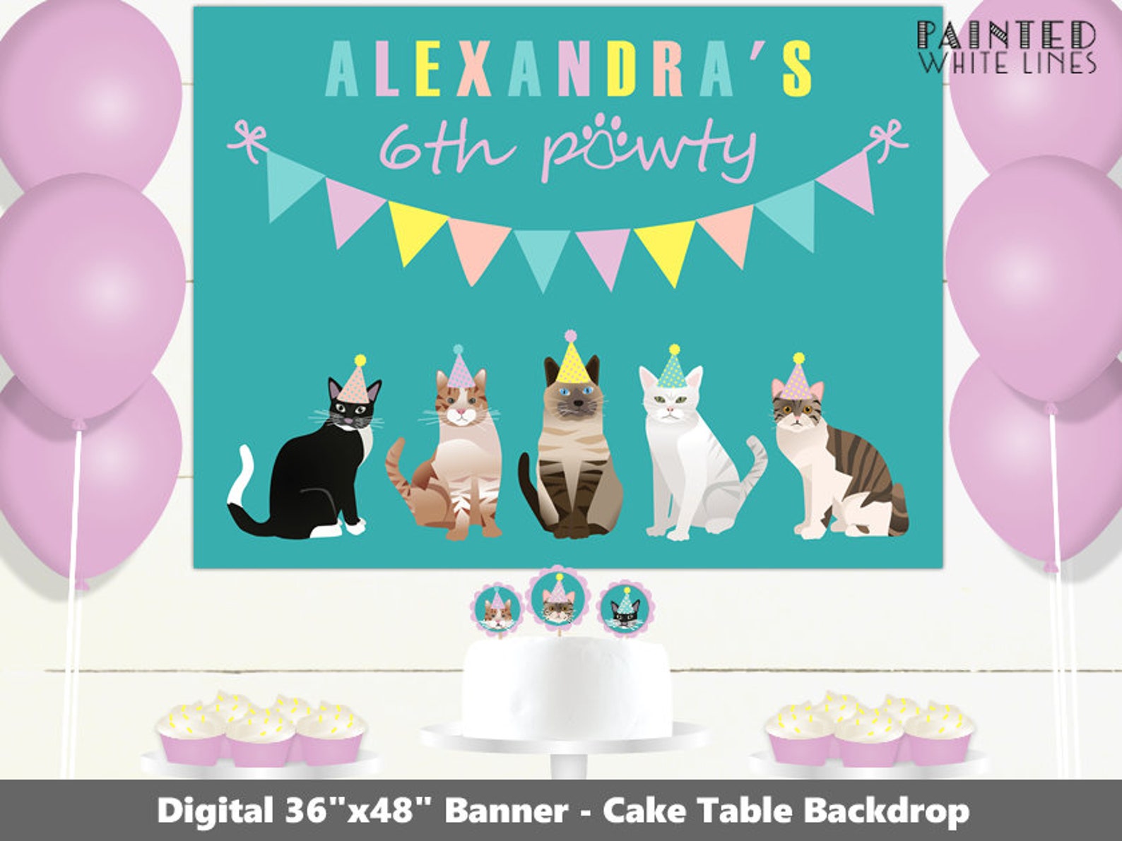Kitty Cat Birthday Banner Cat Party Backdrop Sign Digital File | Etsy