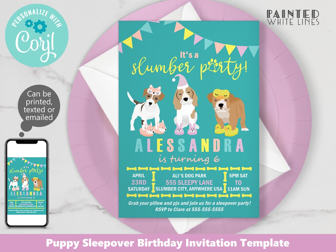 Puppy Sleepover Party Invitation Template Download Slumber Party Invite ...