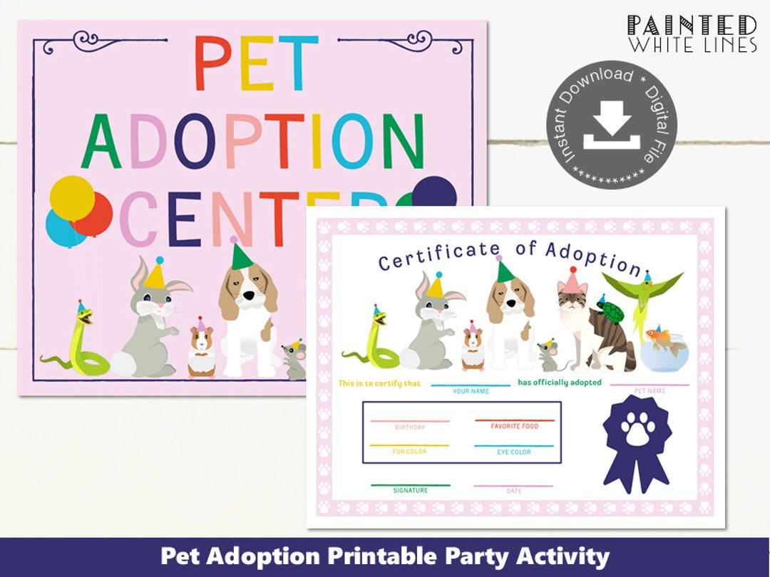 Pet Adoption Certificate Pet Adoption Party Printable Girls Birthday ...