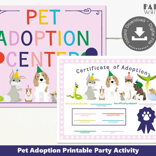 Pet Adoption Certificate Adopt a Pet Party Printable Party - Etsy