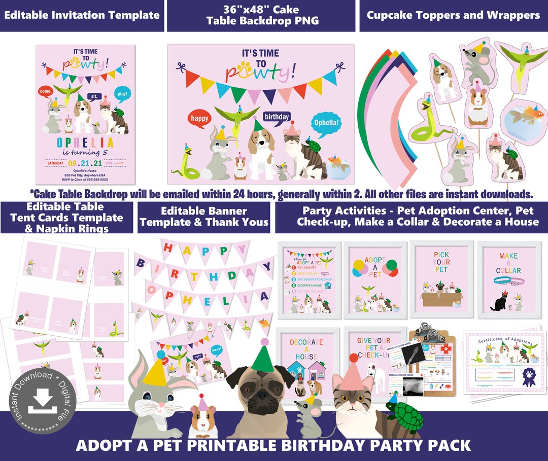Girls Pet Party Instant Download Girls Birthday Party Decor Pet ...