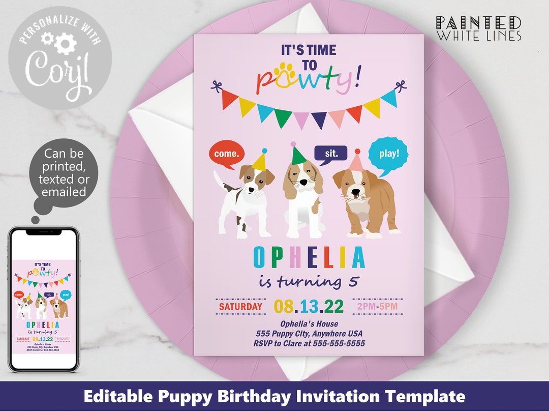 Puppy Party Invite Pawty Birthday Invitation Printable Editable ...