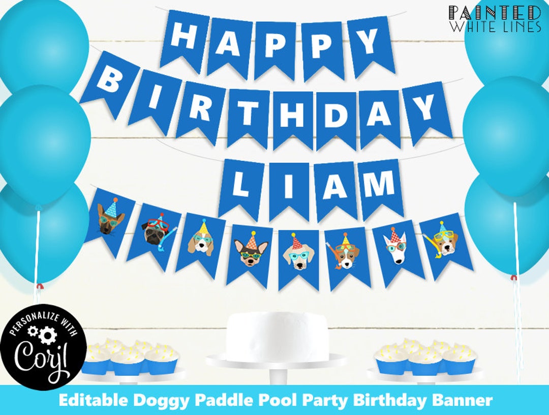 Dog Pool Party Printable Banner Template Girls Boys Swim Birthday ...