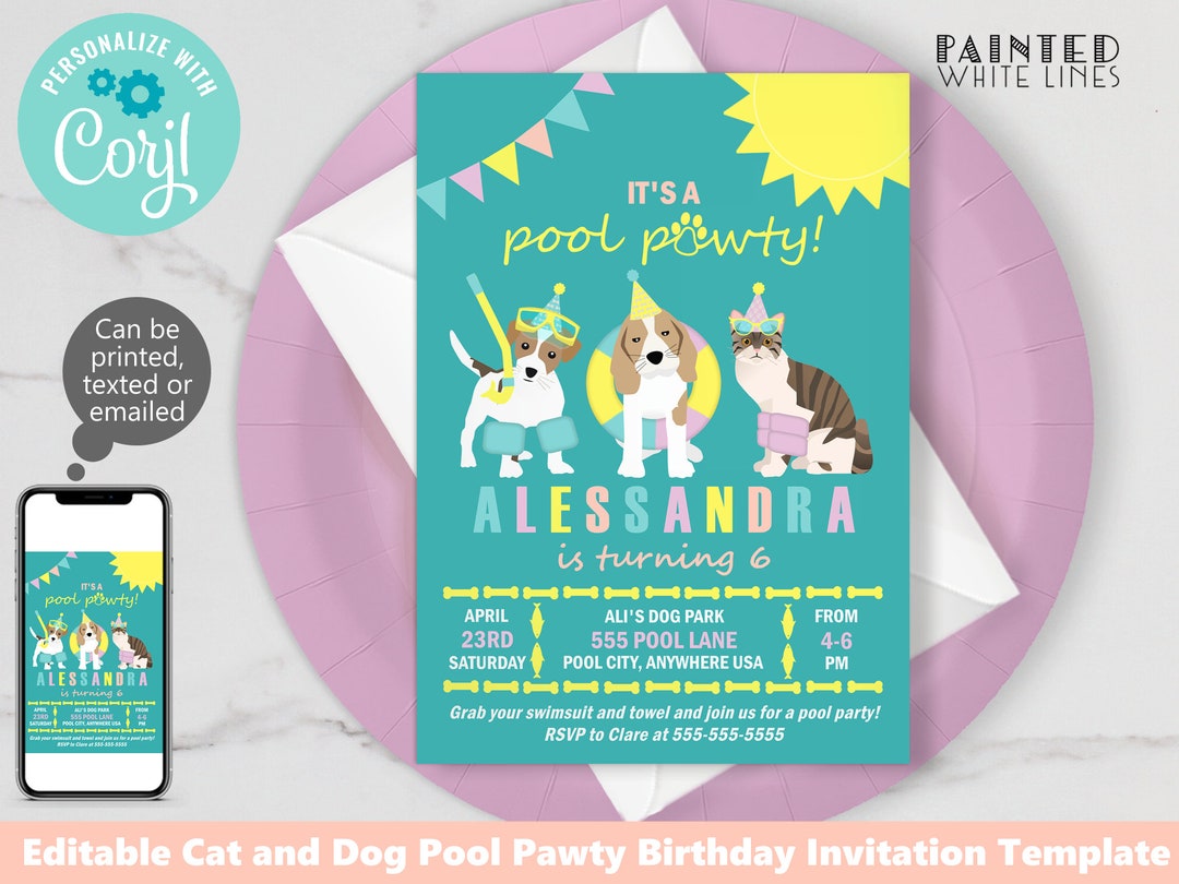 Pool Party Invitation Pool Birthday Invitation Cat Dog Paddle ...