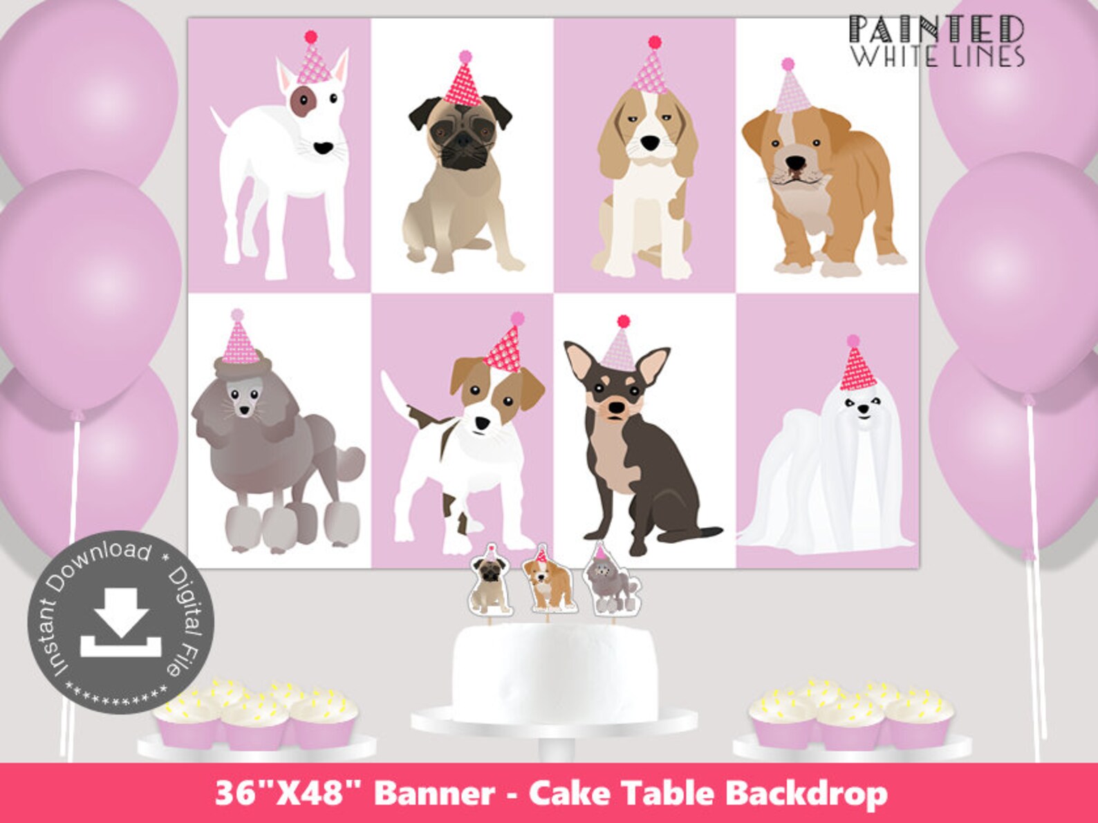 Puppy Party Theme Backdrop Printable Girls Birthday Banner | Etsy