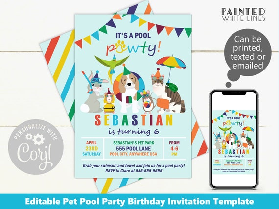Pet Themed Pool Party Invitation Template Download Swim Party - Etsy