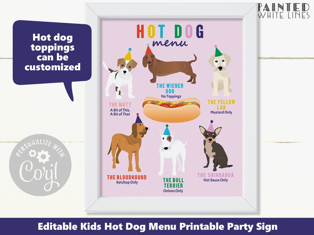 Hot Dog Bar Menu Sign Printable Puppy Party Food Sign Editable Template ...