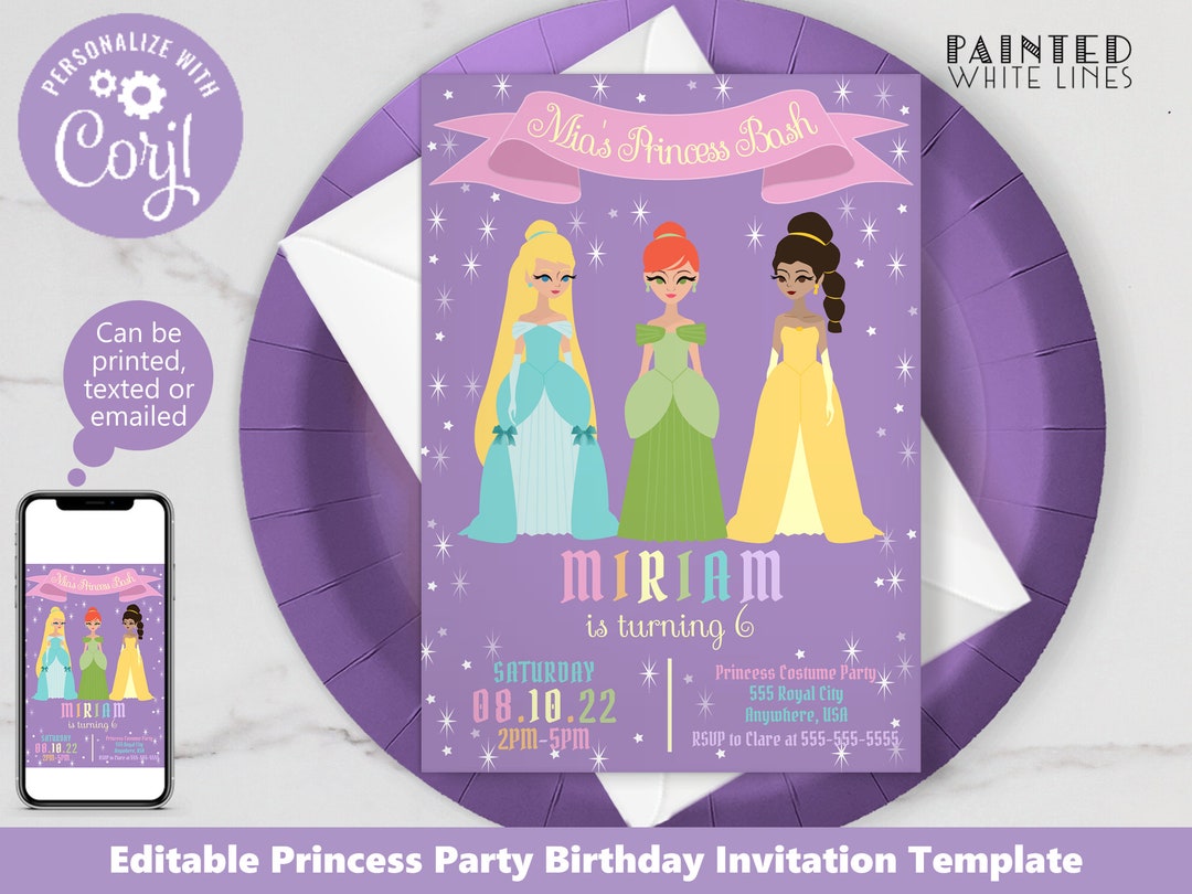 Princess Party Birthday Invitation Template Dress up Invite Printable ...
