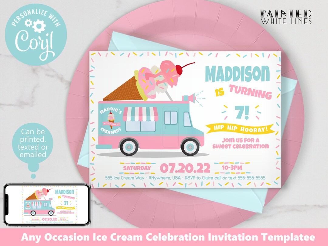 Ice Cream Invitation Template Digital Editable Printable Textable Party ...