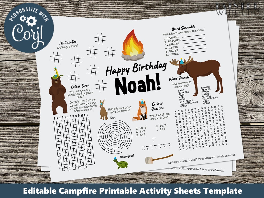 Campfire Birthday Activity Sheet Editable Printable Any Occasion Corjl ...