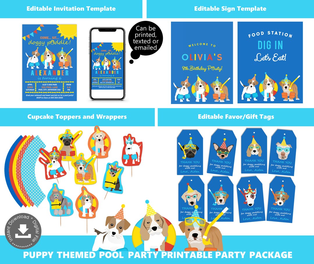 Puppy Dog Pool Party Theme Doggy Paddle Birthday Invitation Editable ...
