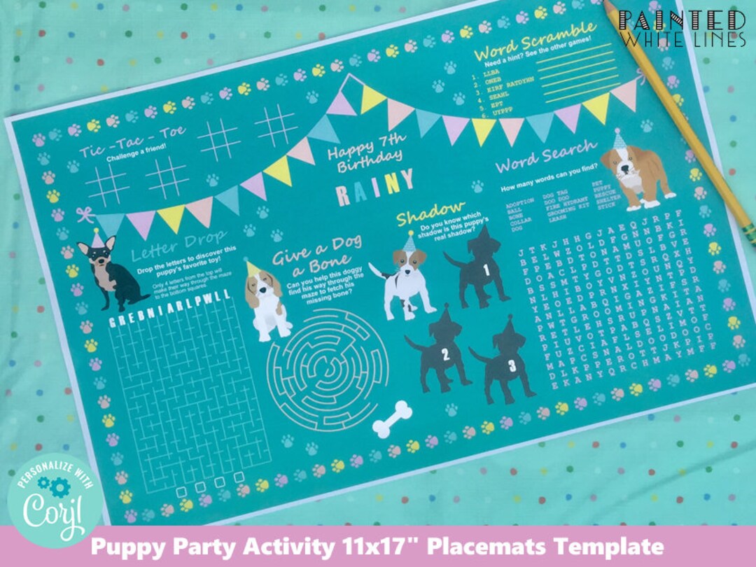 Puppy Dog Party Activity Placemat Printable Party Game Editable ...