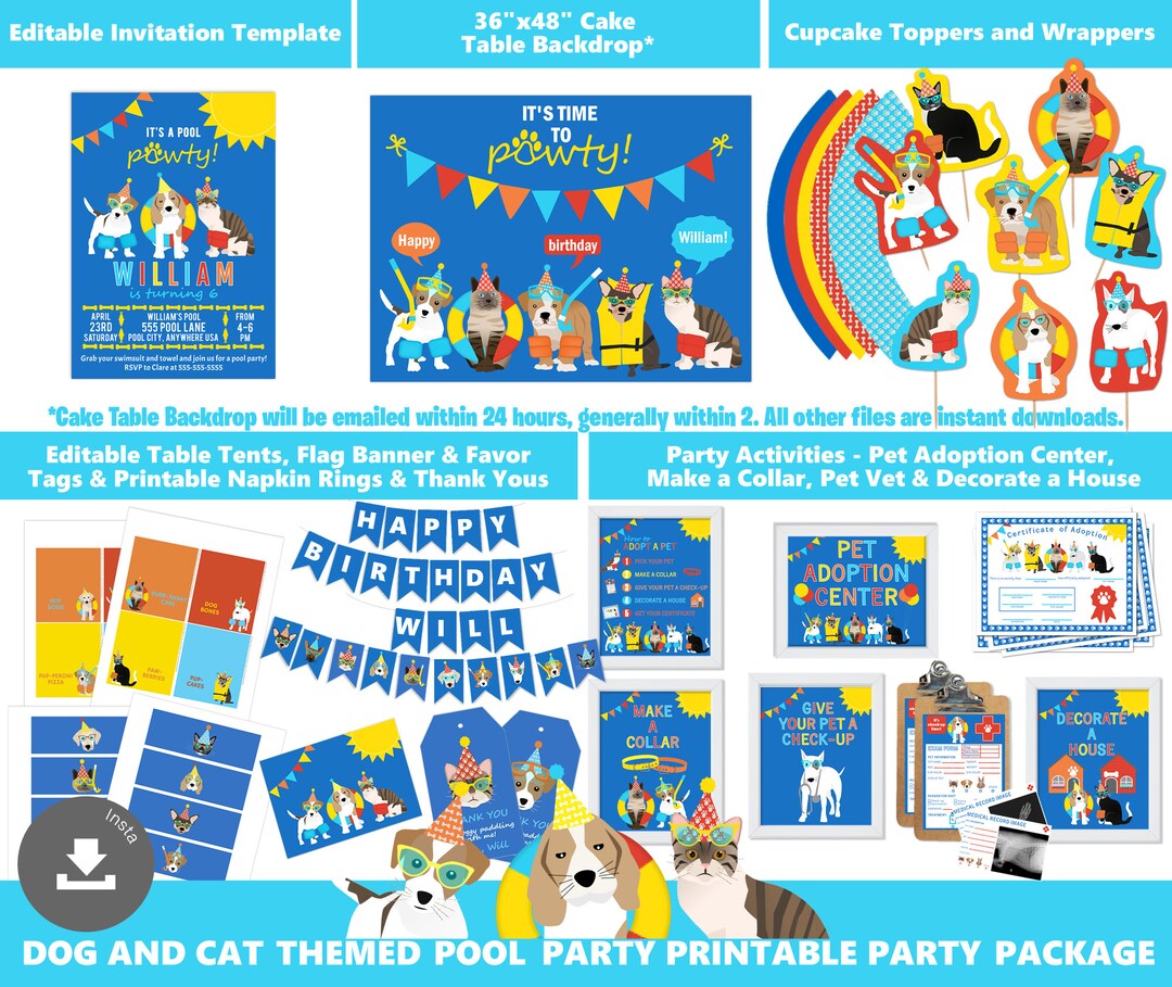 Dog Cat Pool Party Theme Kids Birthday Pawty Printables Set Invitation ...