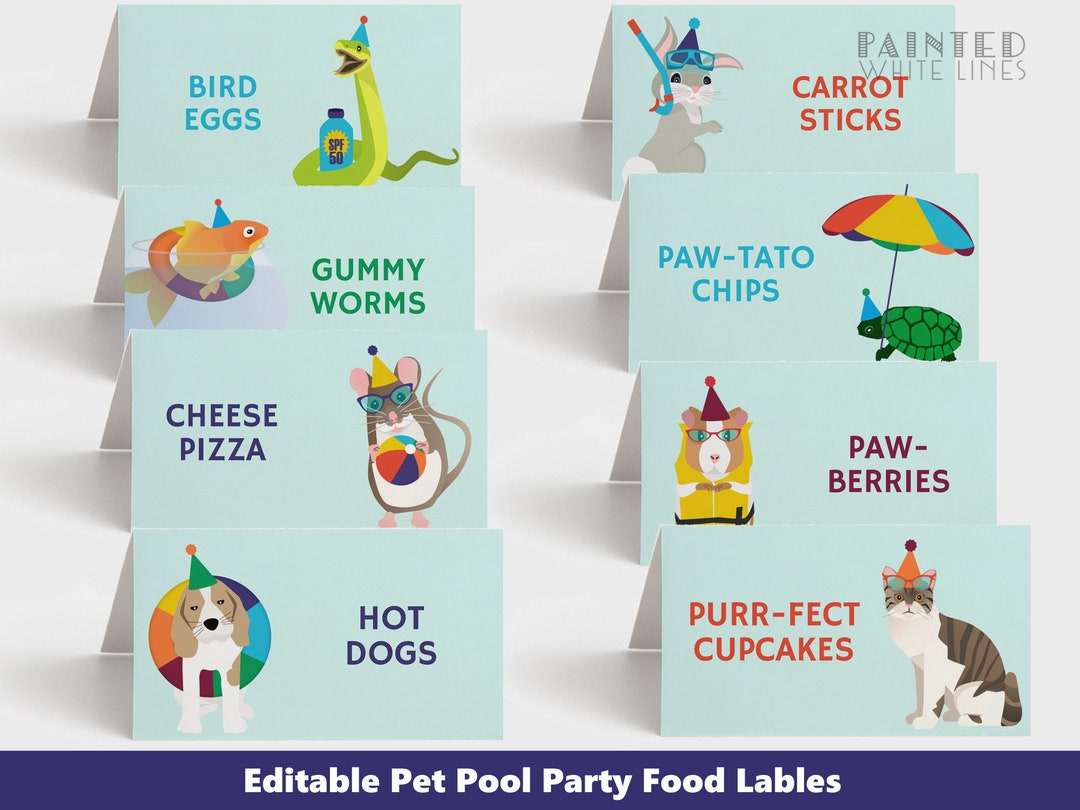 Pet Pool Party Food Labels Printable Birthday Table Tents Corjl ...