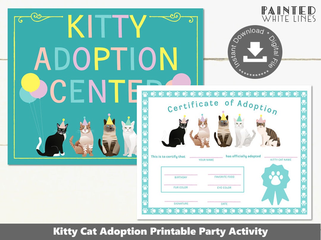 Cat Adoption Certificate Cat Adoption Party Kitty Party Favors Adopt a ...