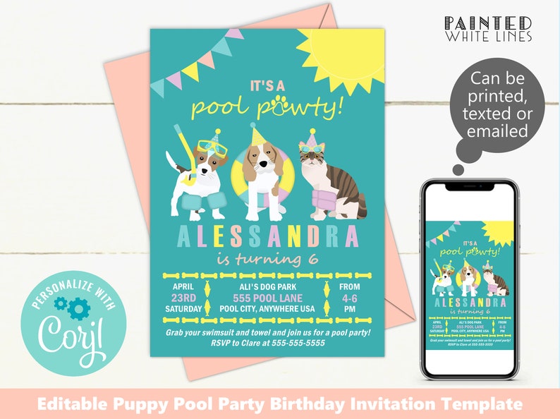 Pool Party Invitation Pool Birthday Invitation Cat Dog Paddle - Etsy