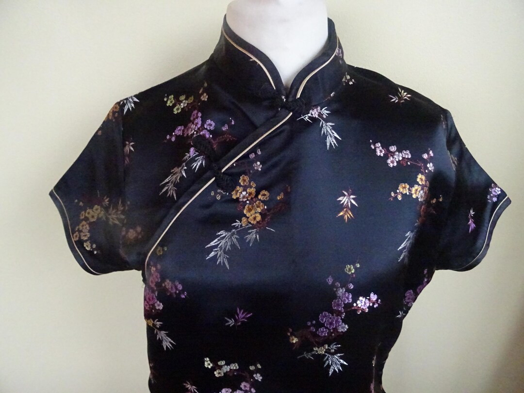Black Flower Print Cheong Sam Chinese Dress Size 14 - Etsy
