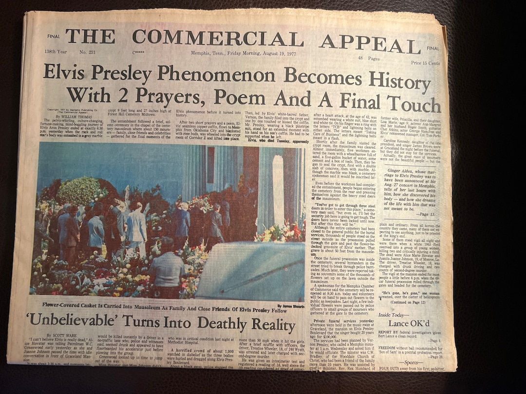 Elvis Presley Death Newspaper, August 19, 1977, Elvis Presley's Funeral ...