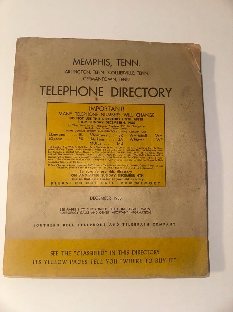 1955 Memphis, Tennessee Telephone Book Directory, December, Elvis ...
