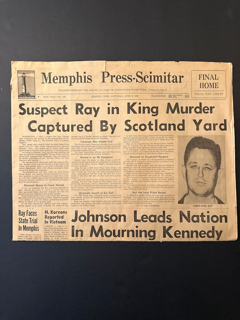 James Earl Ray, Martin Luther King Newspaper, Memphis Press Scimitar ...