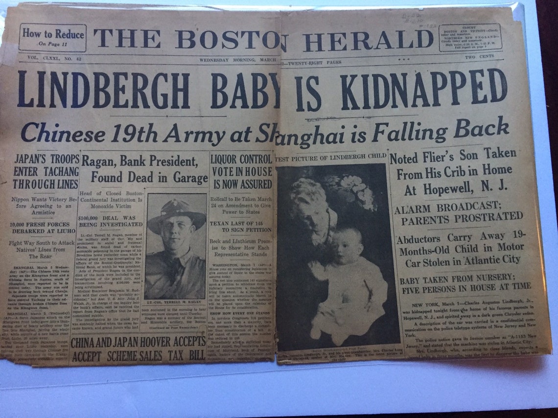 Lindbergh Baby Kidnapped Newspaper Original The Boston Herald | Etsy
