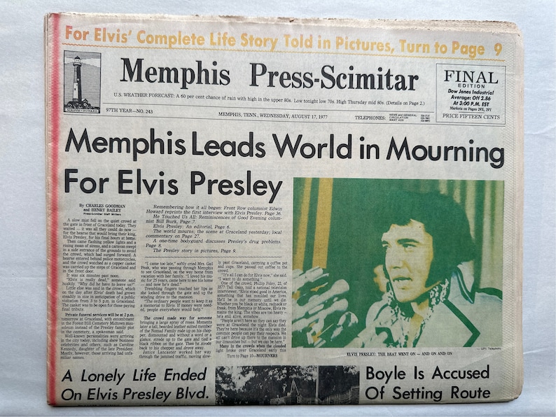 Elvis Presley Death Newspaper, August 17, 1977, Final Edition, Memphis ...