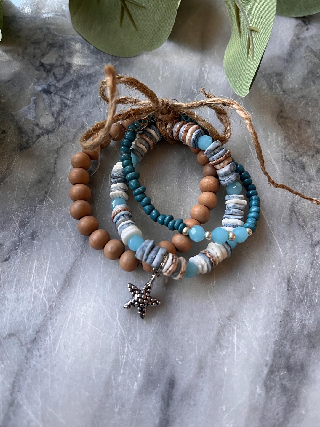 Beachy Blue Stretch Bracelet Stack With Starfish Charm/set of Three Bracelets/hand Strung - Etsy