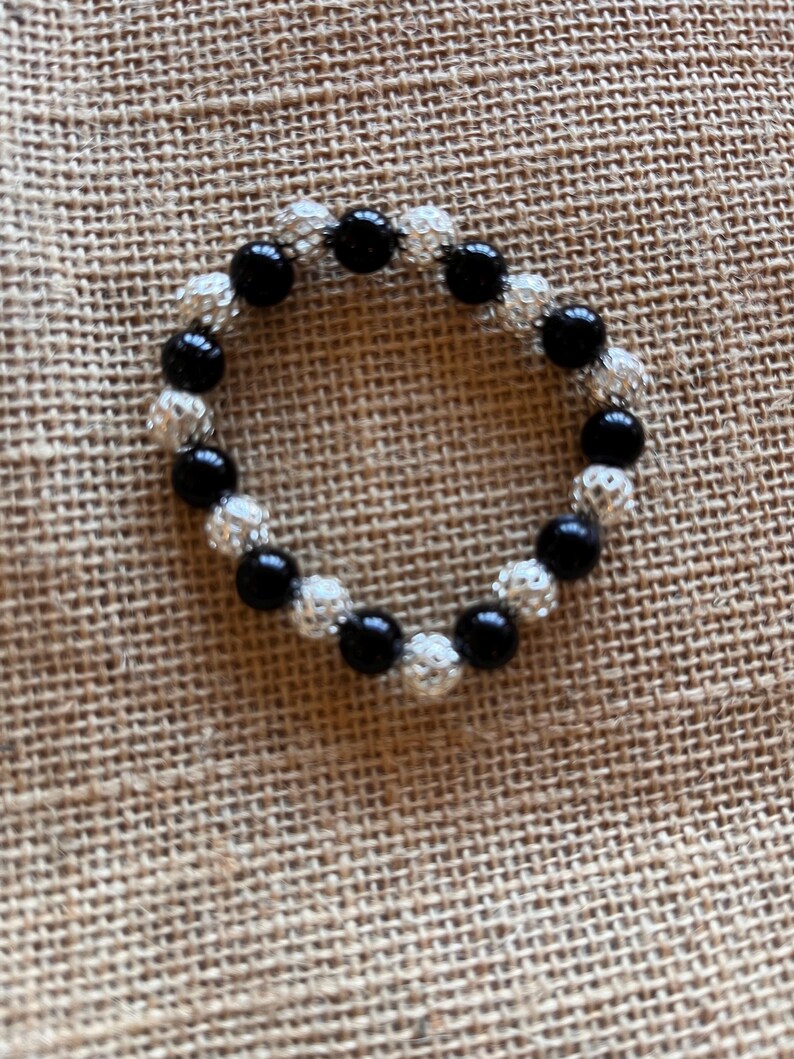 Black and Lacy Silver Beads Stretch Bracelet /single Stretch Bracelet ...