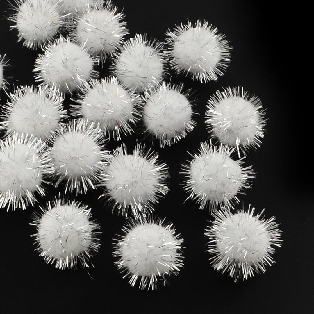 Pom Poms, White and Silver Metallic Pom Poms, 15mm Pom Poms, Christmas ...