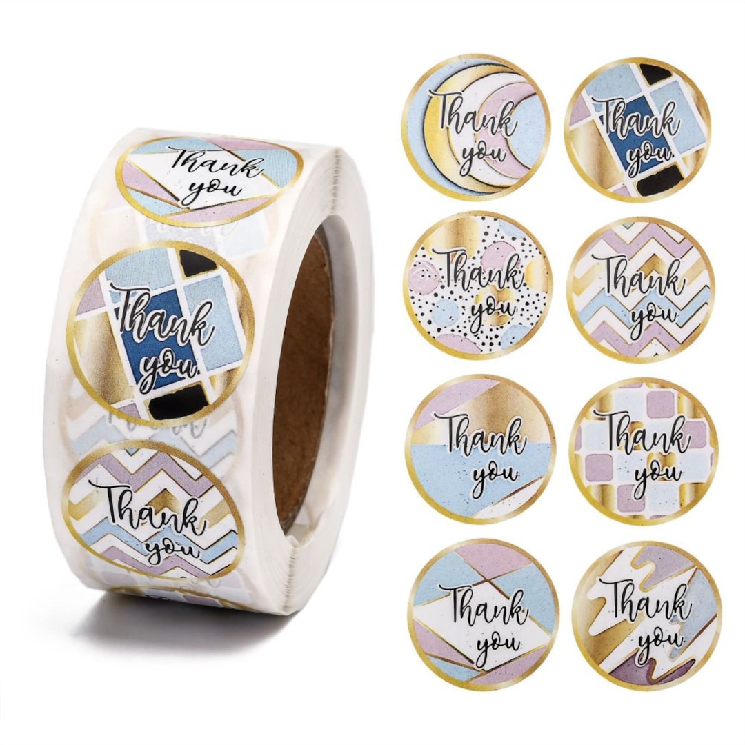 Thank You Craft Stickers, 25mm Round Geometric Design, Colourful Thanks ...