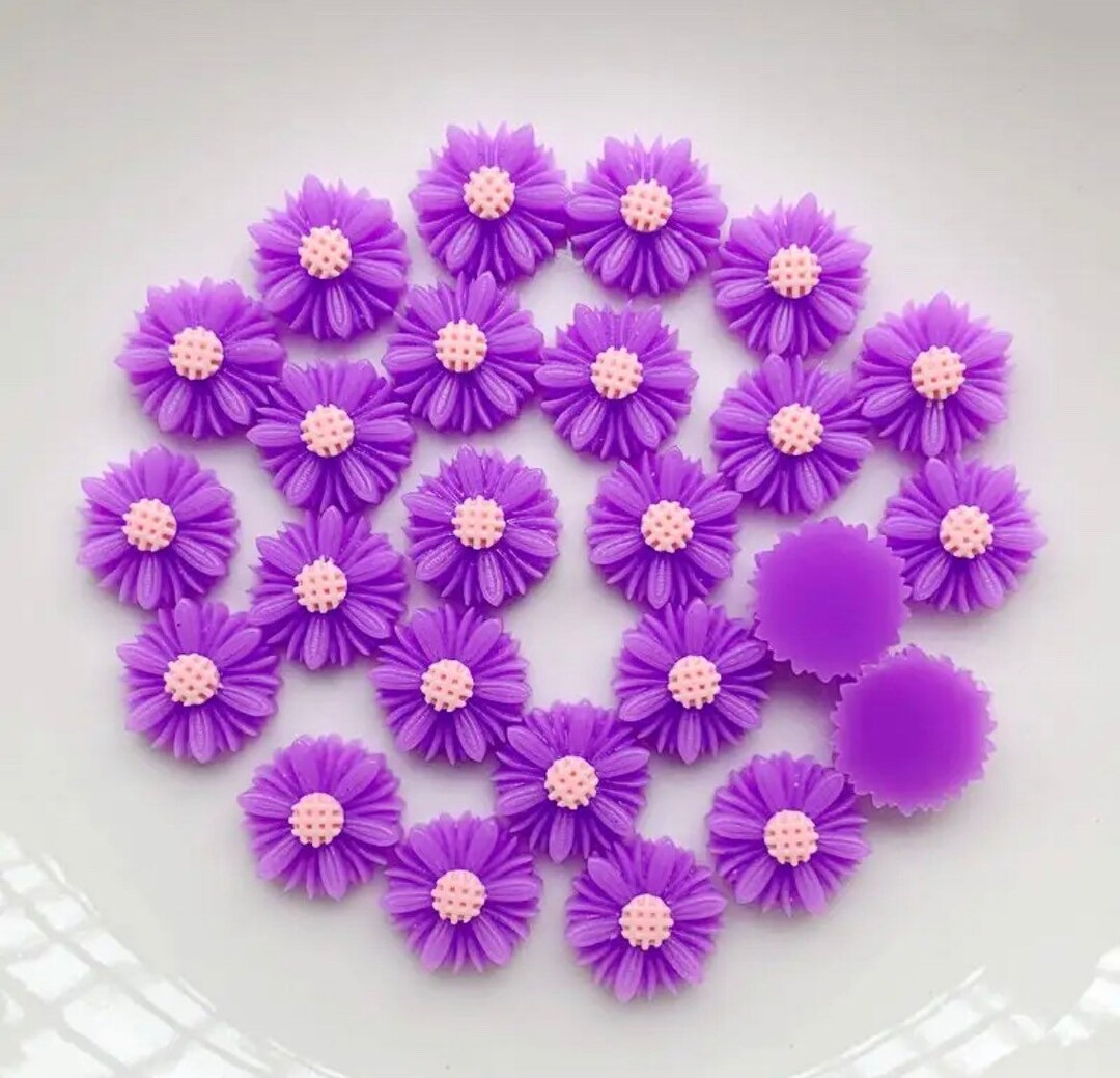 Purple 9mm Flower Cabochons, Daisy Flower Embellishments, Resin Flat ...