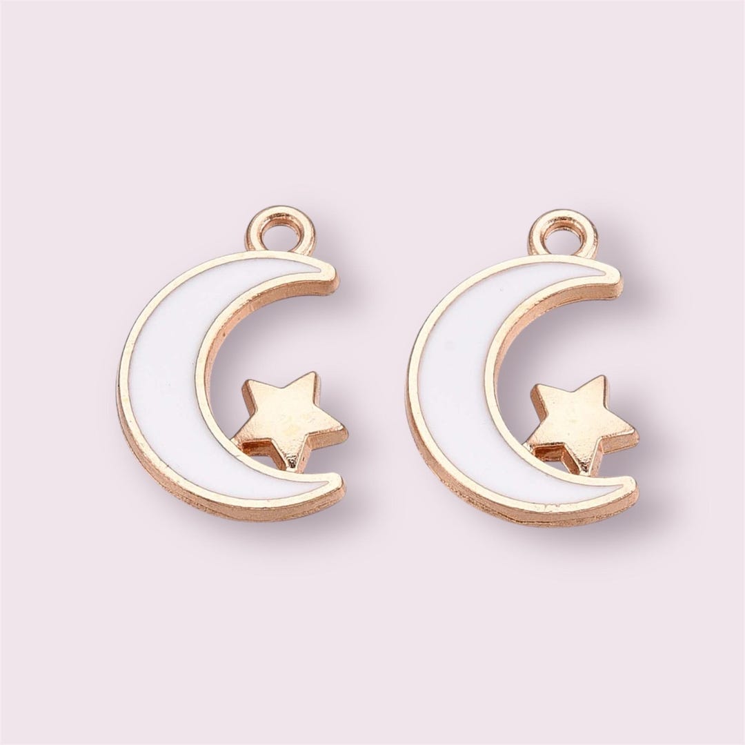 Moon and Star Charm, White Enamel Star Charm, 17mm Moon Pendant ...