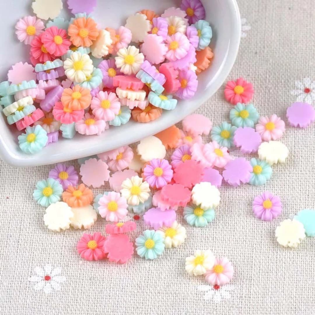 Flower Cabochons, 9mm Mixed Pastel Colour Flowers, Flat Back Resin ...