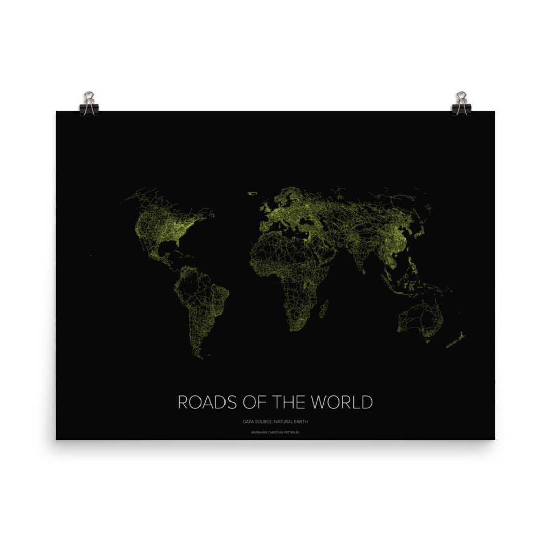 World Roadways Map Poster - Global Roads Network Map (black and Yellow ...