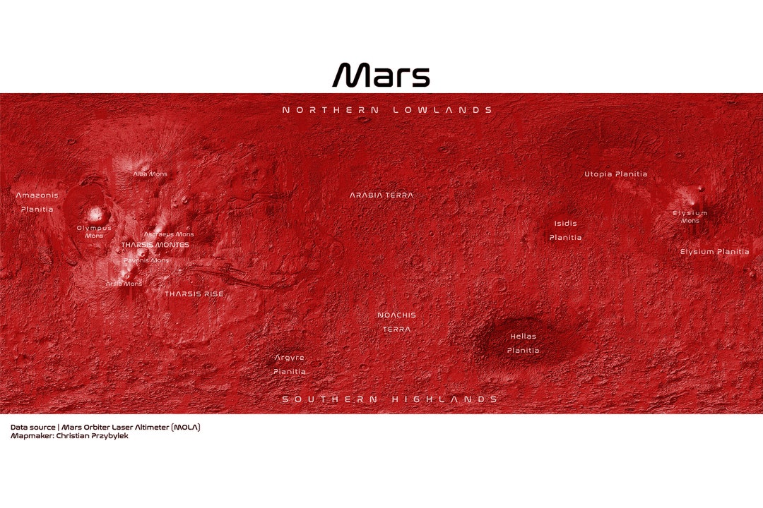 Map of Mars - Printable Map of Mars Using NASA Lidar Data - Red Planet ...