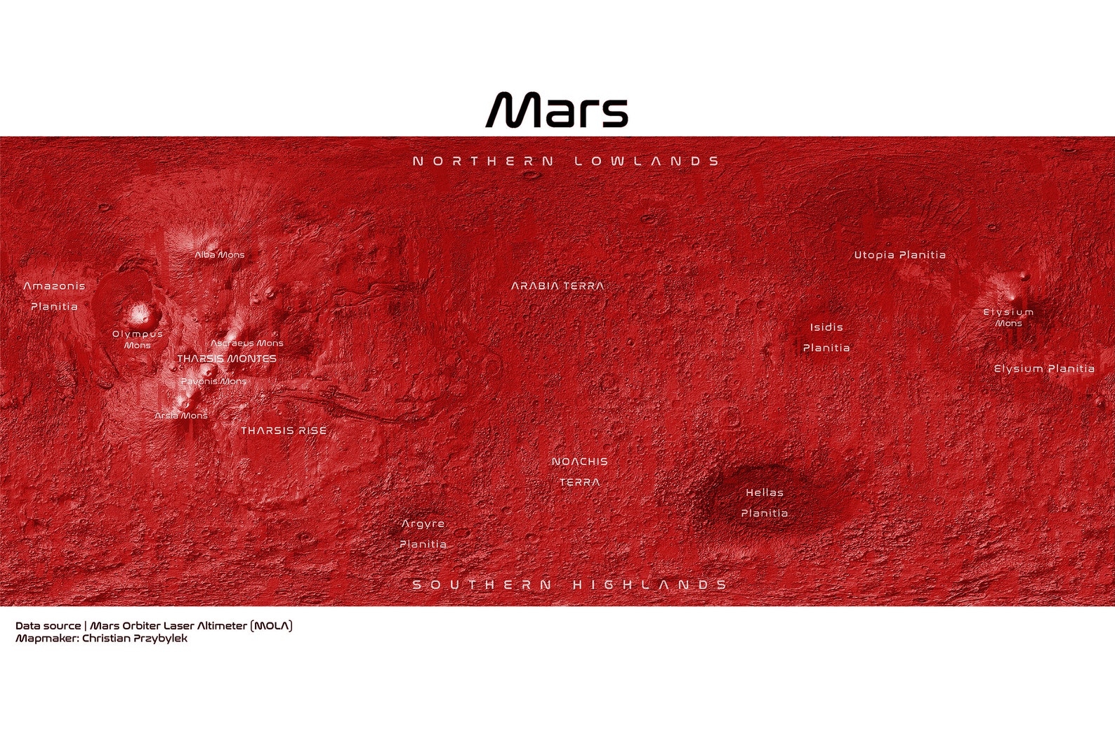 Map of Mars - Printable Map of Mars Using NASA Lidar Data - Red Planet ...