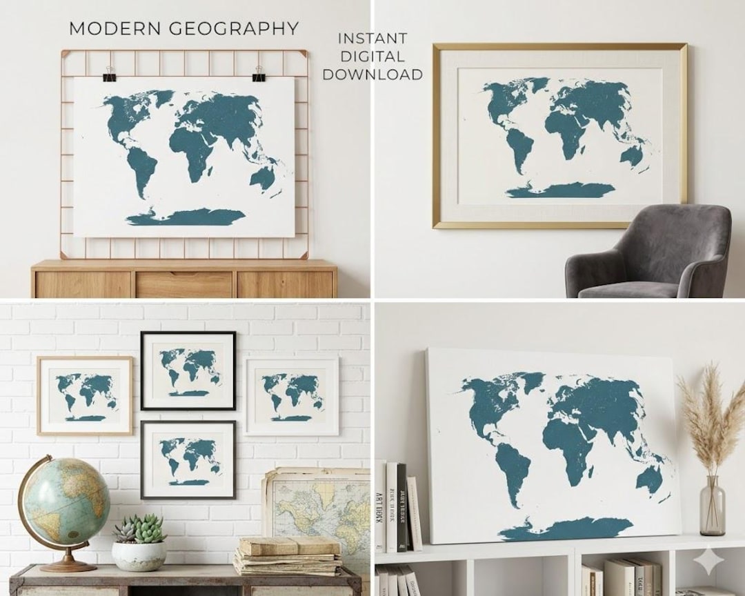 Winkel Triple World Map Poster – Teal Gold Minimalist Projection ...