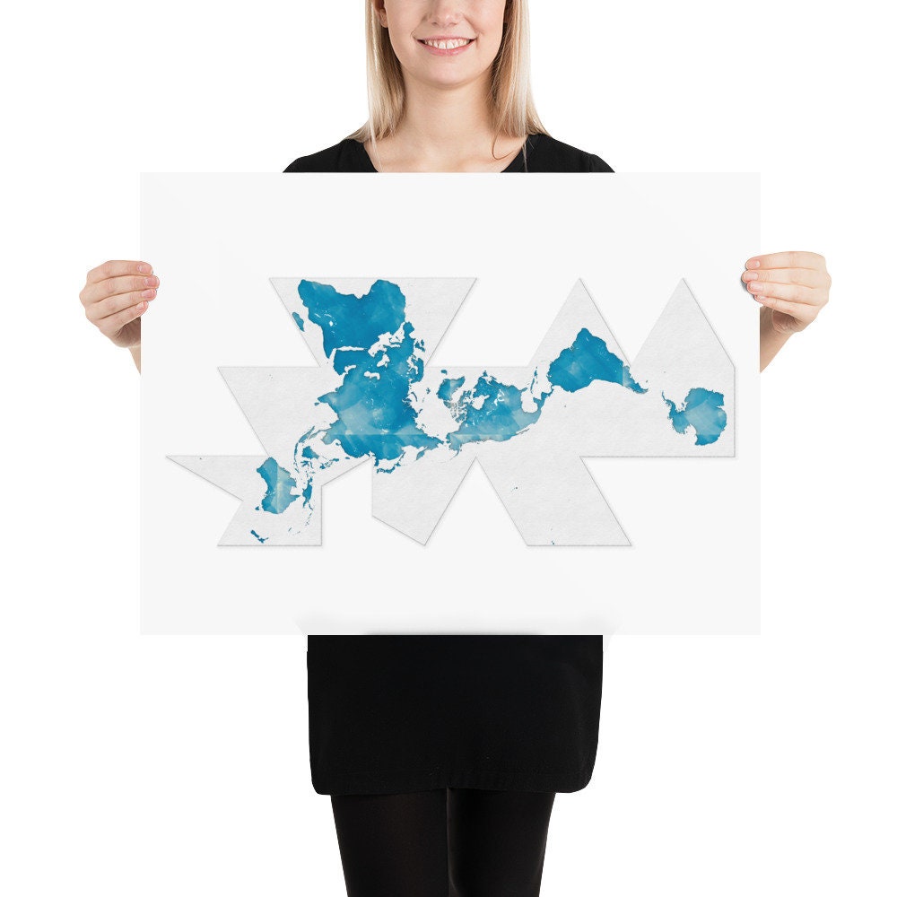 World Map on a Dymaxion Projection Poster Watercolor World Map Wall Art ...
