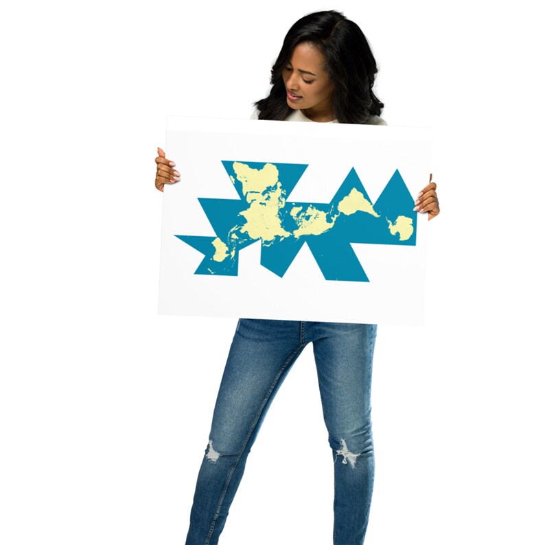 Dymaxion Map / Fuller Map of the World World Map Poster yellow and Blue ...